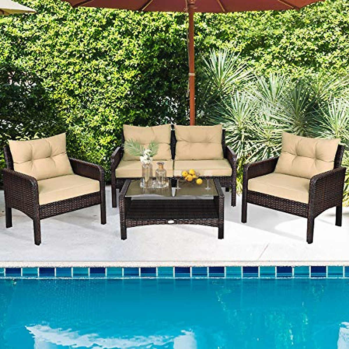HAPPYGRILL 4-Piece Patio Furniture Set Outdoor Rattan Wicker Sofa Set with Cushions & Coffee Table, Conversation Sofa Set with Tempered Glass Table Top and Storage Shelf