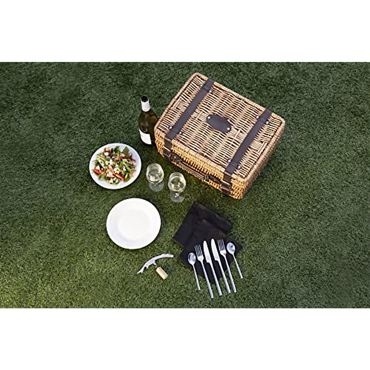 PICNIC TIME Champion Picnic Basket for 2, Large Wicker Hamper Set with Cutlery Service Kit (Black with Brown Accents)