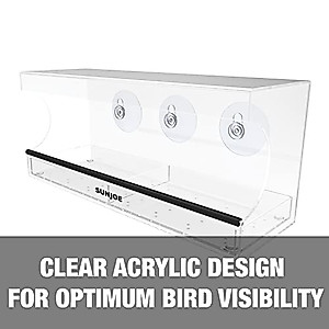 Sun Joe SJ-WBF-WN Outdoor Window Bird Feeder for Wild Birds, Bluebirds, Cardinals, and Others w/ 3 Heavy Duty Suction Cups, 2 Sliding Seed Trays, Drain Holes, Clear