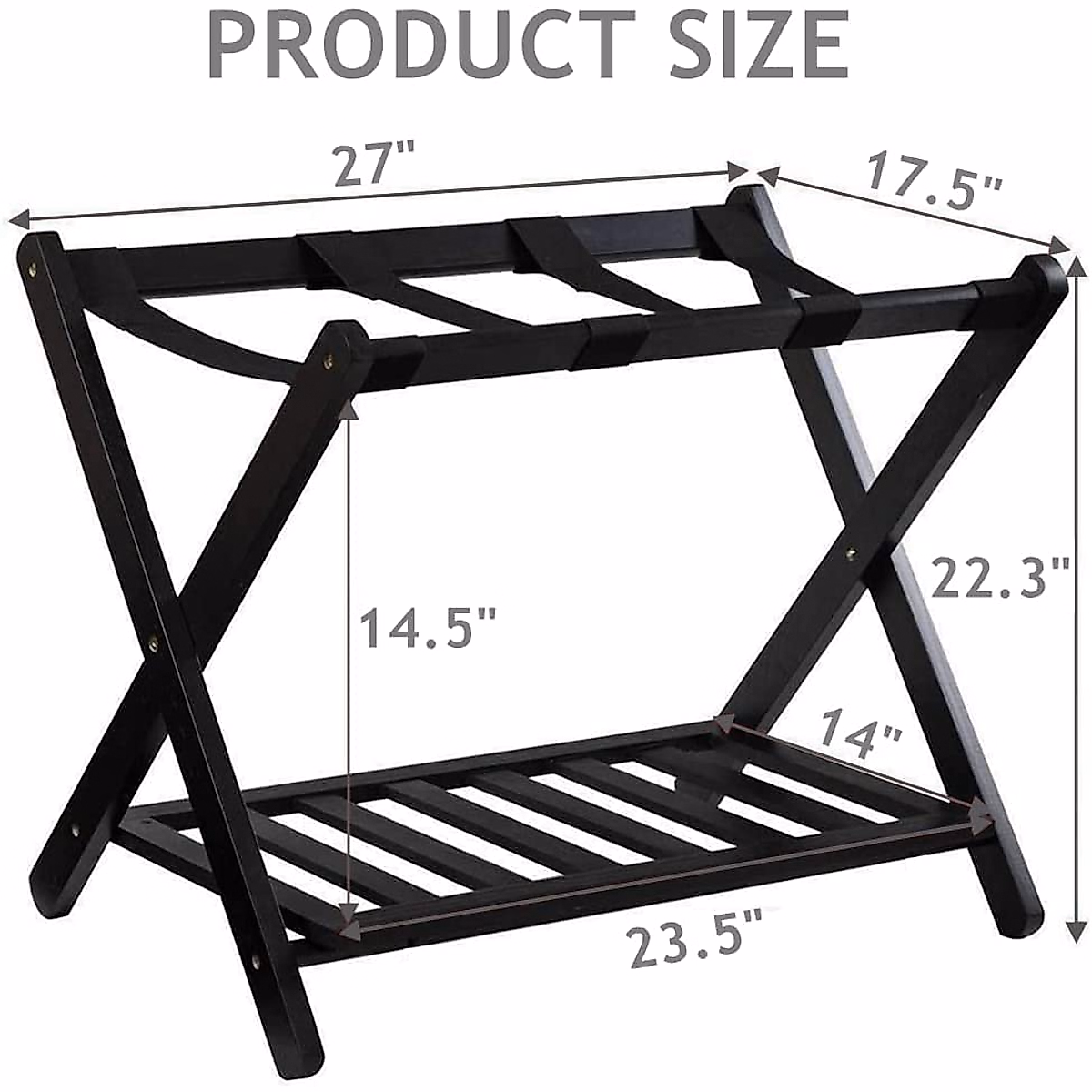 MYOYAY Folding Luggage Rack Bamboo Wood Collapsible Suitcase Stand with Shelf Portable Luggage Holder Ideal for Guest Room Bedroom Hotel, Black