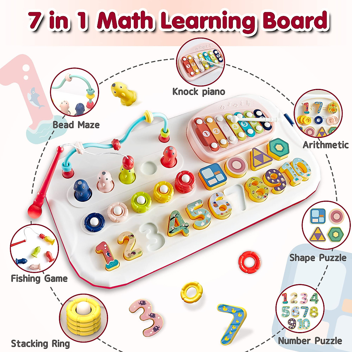 Educational Toys Learning Montessori for Kids,7 in 1 Puzzles Number Shape Sorter Counting Stacker with Number Blocks,Xylophone, Fishing Game for Toddler, Gift for3 4 5 6Year Old Boys Girls（Red）