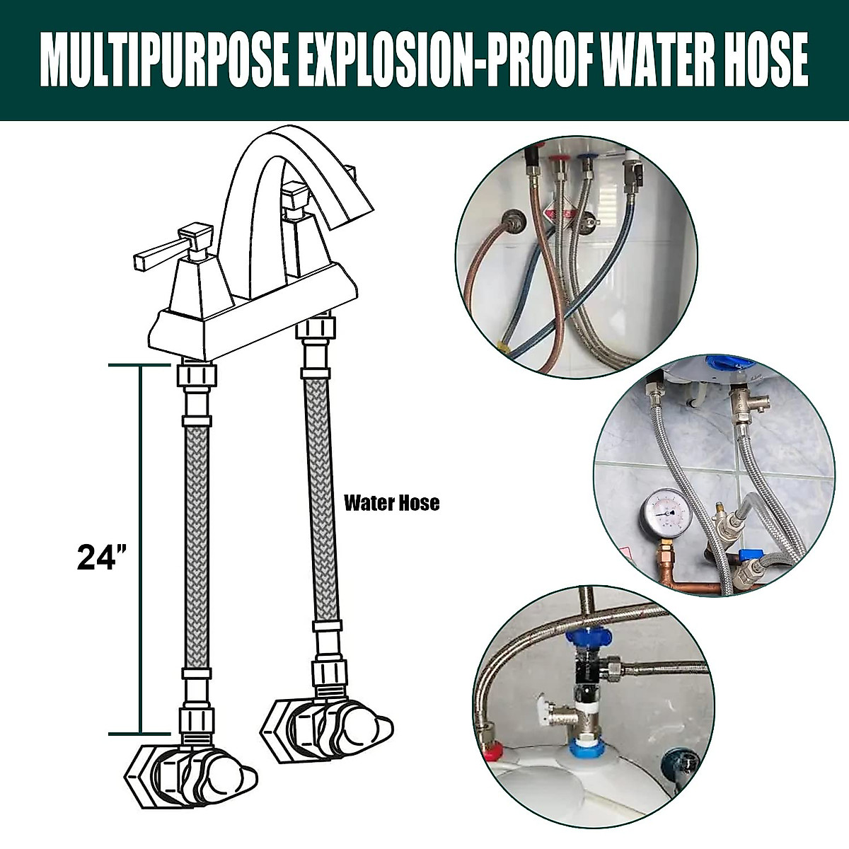 【New Version】Faucet Water Supply Connector Line Braided Stainless Steel, Premium Faucet Supply Line 24 inch - 3/8 Female Compression Thread x 1/2 Female Iron Pipe Thread (10 Pack)