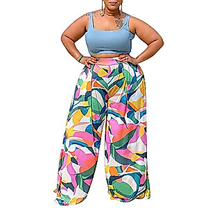 Acatmew Plus Size Womens Palazzo Long Pants High Waist Wide Leg Casual Trousers with Pocket
