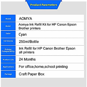 Aomya Ink Refill Kit 250ml Cyan Universal Dye Bulk Ink for Canon HP Epsn Brother Inkjet Printers Refillable Cartridge CISS CIS System (9 oz) with Syringe&Glove