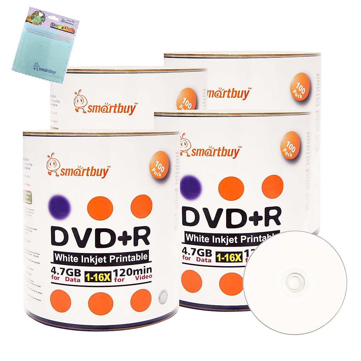 Smartbuy 400-disc 4.7GB/120min 16x DVD+R White Inkjet Hub Printable Blank Media Disc + Free Micro Fiber Cloth