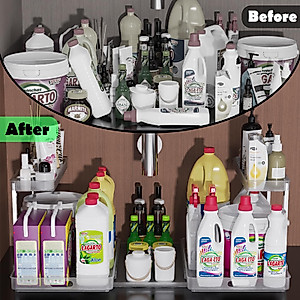 HzTinT 2 Pack Under Sink Organizer with Under Sink Tray, 2 Tier Sliding Bathroom Organizer Under Sink, L-Shape Under Cabinet Basket Organizer, Multi-purpose Pull Out Under Sink Drawers(Clear White)