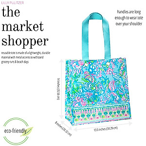 Lilly Pulitzer Blue/Green Market Shopper Bag, Reusable Grocery Tote with Comfortable Shoulder Straps, Aqua La Vista