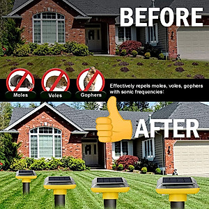 Solar Powered Repeller, 4 Pack Mole Repellent, Gopher Repellent Ultrasonic, Snake Deterrent, Vibration Stakes Outdoor, Repel Vole Gopher for Yard Lawns