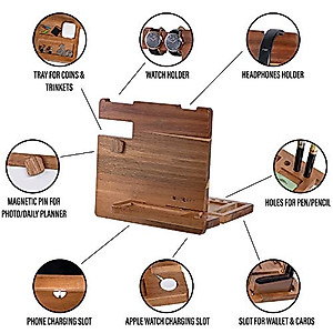 WUTCRFT - Wood Docking Station/Nightstand Organizer with Headphone Stand, Smart Watch Charging Slot, Photo Holder, and Accessory Holder, Perfect for Desk Organizer/Gifts for Men (Dark)