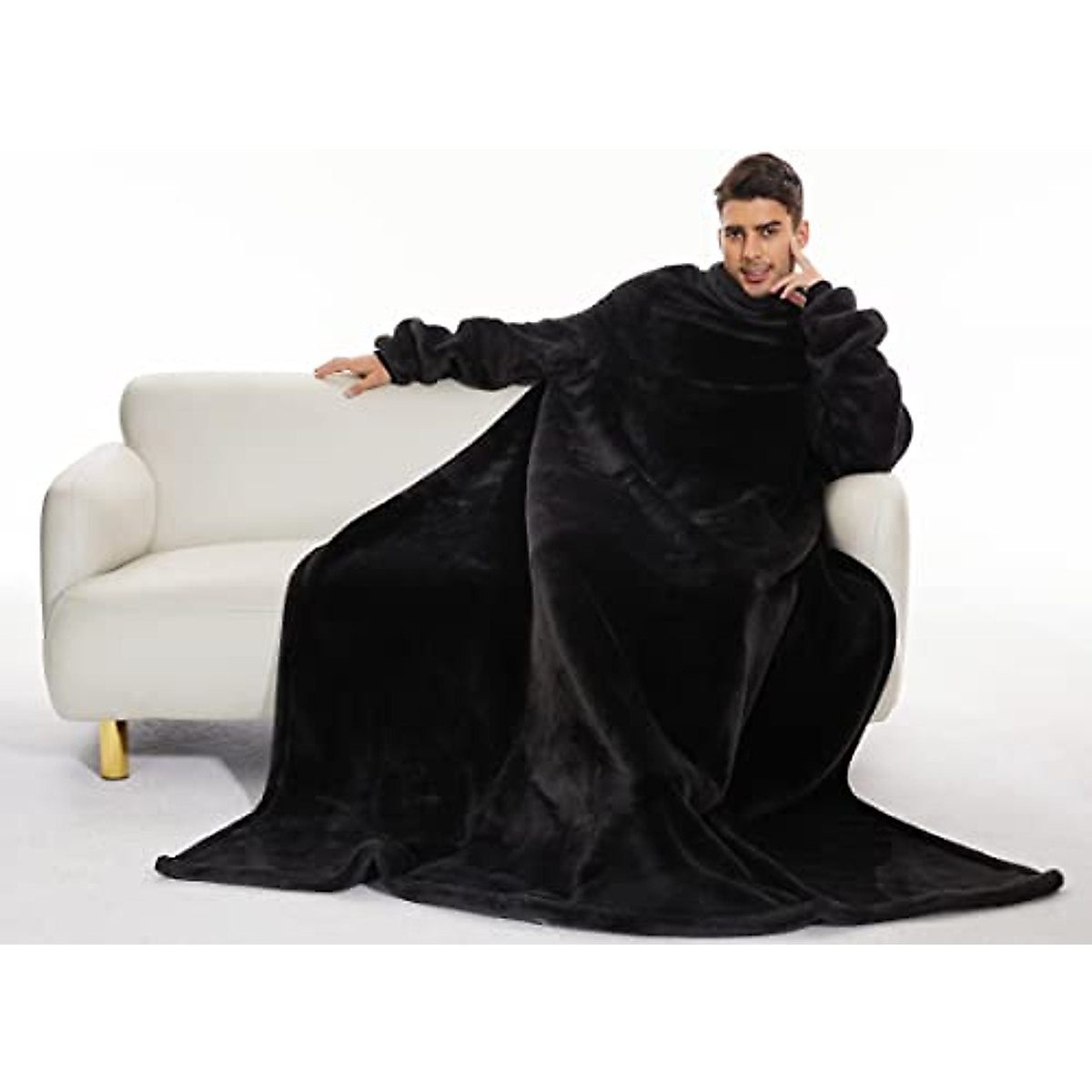 TITIZLK Wearable Blanket Adult, Super Soft Faux Fur Throw Blanket, 61x80, with a Foot Pocket, Large, Blanket with Sleeves, (Black, 62x80)