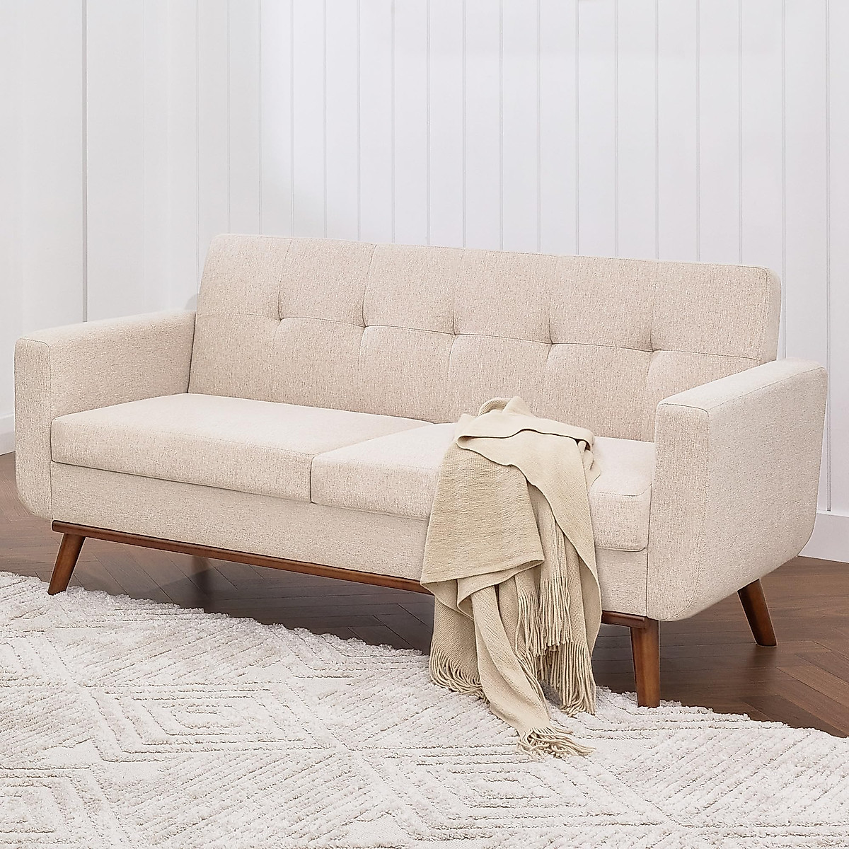 Tbfit Loveseat Sofa, 65" W Mid Century Modern Love Seat Couches for Living Room, Button Tufted Upholstered Small Sofa Couch for Bedroom, Oatmeal