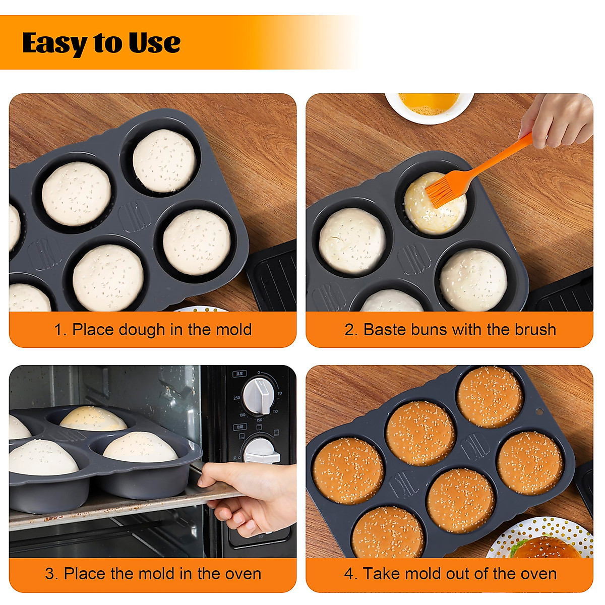 AKS Co Hamburger Bun Pan, Non-Stick Silicone - Oven-Safe, Vented 6-Cavity Baking Mold, Dishwasher Safe with Basting Brush