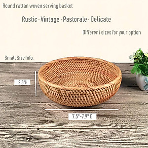amololo Hadewoven Round Rattan Fruit Basket Wicker Food Tray Weaving Storage Holder Dinning Room Bowl, 8 Inch Small Bread Baskets Tray for Serving with Deep Wall, Brown (Small 7.48”)
