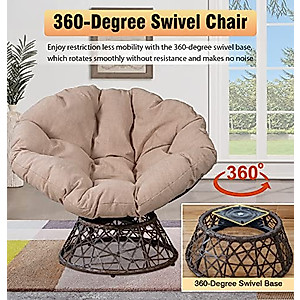 Papasan Chair Patio Lounge Chairs Egg Chair Round Circle Ratten Chair 360-Degree Swivel Papasan Chair with Cushion and Metal Frame for Indoor Outdoor Living Room Bedroom Apartment,Tan