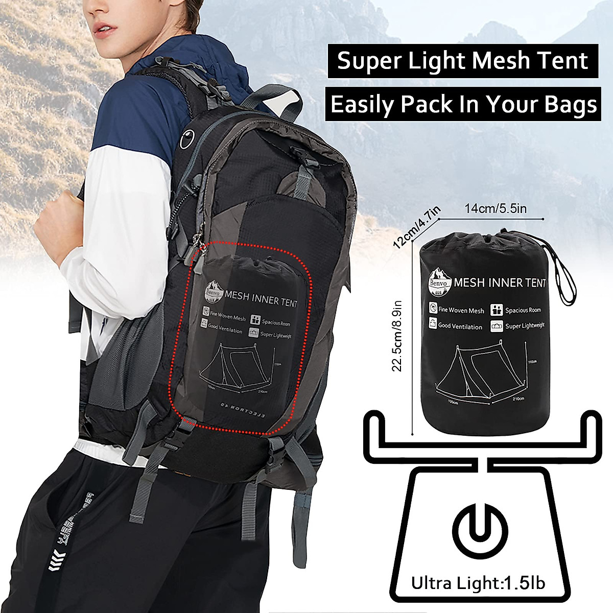 Benvo Trekking Pole Tent Netting Tent Breeze Mesh Inner Tent with Good Ventilation Ultra Light Trekker Backpacking Tent for 2 Person Summer Tent with Waterproof Oxford Floor(210cmx120cmx110cm)