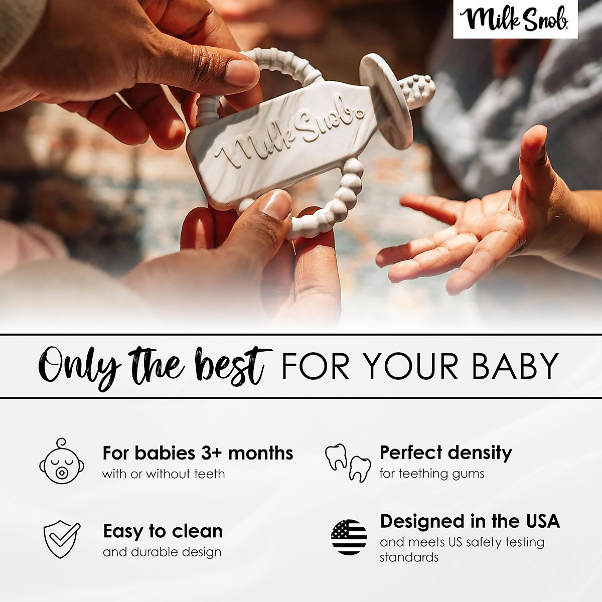 Milk Snob Calm 'n Cuddle Baby Teether - Car Seat Teether - Food-Grade Silicone - Baby Shower Teething Toy, Baby Essentials for 3+ Months - Easy to Clean - Designed in The USA (Cookies & Cream)