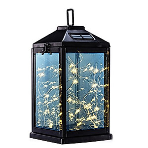 Solar Lantern Lights Metal Sunwind with 30 Warm White LEDs Fairy String Lights Outdoor Decorative Table Lamp (Black-11.4"H)
