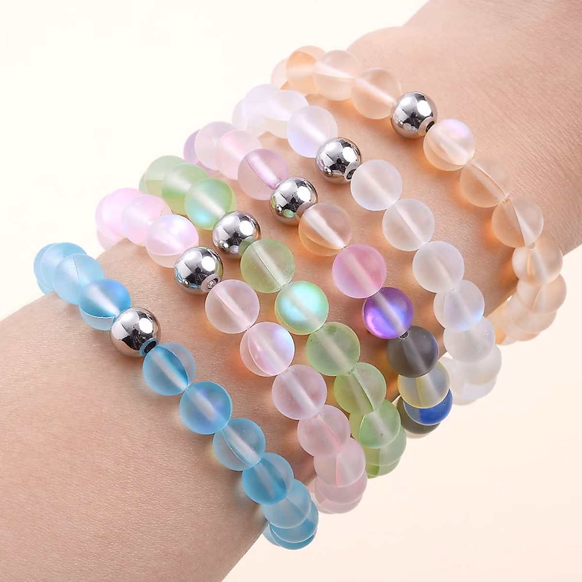 FORUBUS Mystic Mermaid Beaded Stretch Bracelet, Mermaid Glass Beads Shimmer Moonstone Strand Bracelet, 8mm Frosted Beads Bracelet for Women Vacation Jewelry (Colorful)