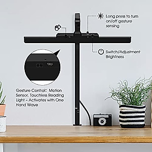 MediAcous LED Desk Lamp, Metal Polarized Architect Clip Light with Gesture Sensing Switch, Eye-Caring Dimmable Swing Arm Desk Lamp with Clamp for Home Office, 4 Color Modes & Brightness Levels