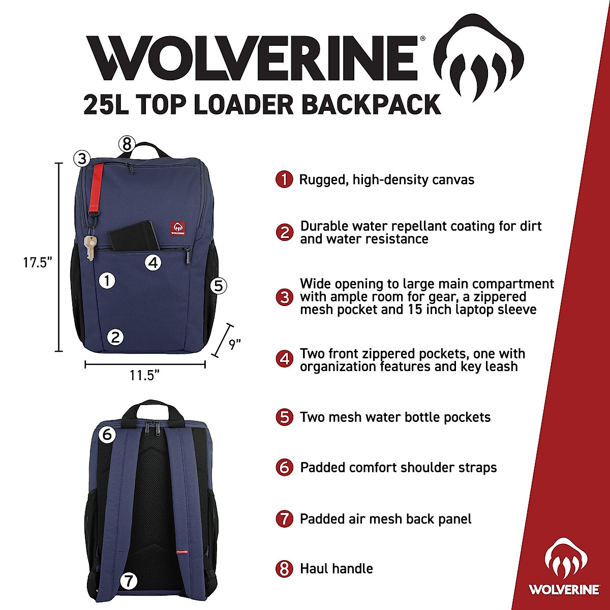 WOLVERINE Lightweight, Water Resistant Rugged Laptop Backpack for Travel or Work, Top Loader-Chestnut, 25L