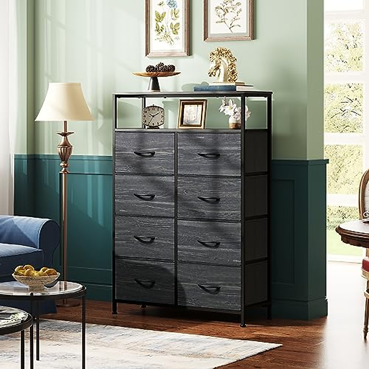 WLIVE Fabric Dresser for Bedroom, Storage Drawer Unit,Dresser with 8 Deep Drawers for Office, College Dorm, Charcoal Black Wood Grain Print