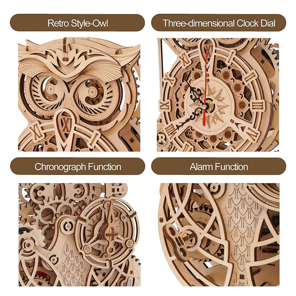 ROKR 3D Wooden Puzzle for Adults Owl Clock Model Kit Desk Clock Home Decor Unique Gift for Kids on Birthday/Christmas Day