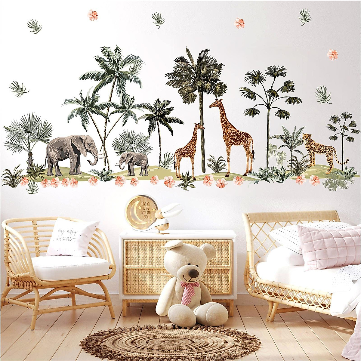 Jungle Animal Wall Decals Safari Animal Wall Stickers Peel and Stick Wild Animal Wall Decals Large Jungle Tree Animal Wall Stickers for Kids Bedroom Woodland Nursery Decor