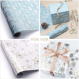UNIQOOO 6 Festive Designs Christmas Wrapping Paper Precut Sheets, Each 39.4 x17 Inch- Blue Silver Brown Kraft Metallic Foil Gift Wrap, Santa Claus, Christmas Ornaments, Snowflake, Tree, Family Bundle for Kids, Her & Him, 18 Sheets