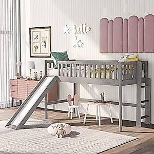 Harper & Bright Designs Twin Size Low Loft Bed with Slide, Wood Low Loft Bed for Kids, Girls, Boys (Gray)