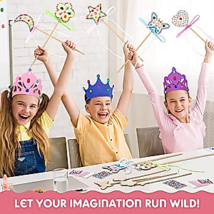 55 Piece Princess Wands Kit Include Wooden Wands for Crafts, Gem Stickers, Ribbons, Foam Princess Tiaras and Wooden Crowns DIY Heart Butterfly Moon Wand Make Your Own Princess Wand for Kid Girl
