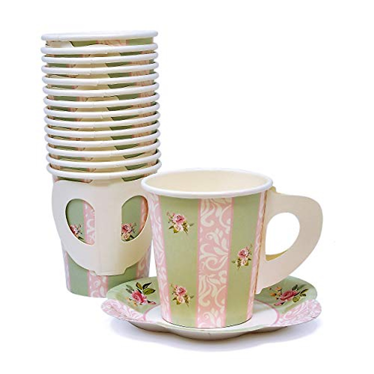 24 Disposable Tea Party Cups 5 oz 3" 24 Saucers 5" Paper Floral Shaped Plate Teacup Set with Handles for Kids Girls Mom Coffee Mugs Wedding Birthday Bridal Baby Shower Mint Green Pink Table Supplies