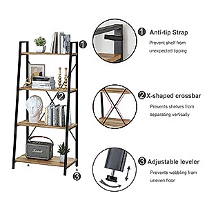 BON AUGURE Industrial Ladder Shelf Bookcase, 4 Tier Rustic Ladder Bookshelf, Standing Leaning Book Shelves for Living Room (Vintage Oak)…