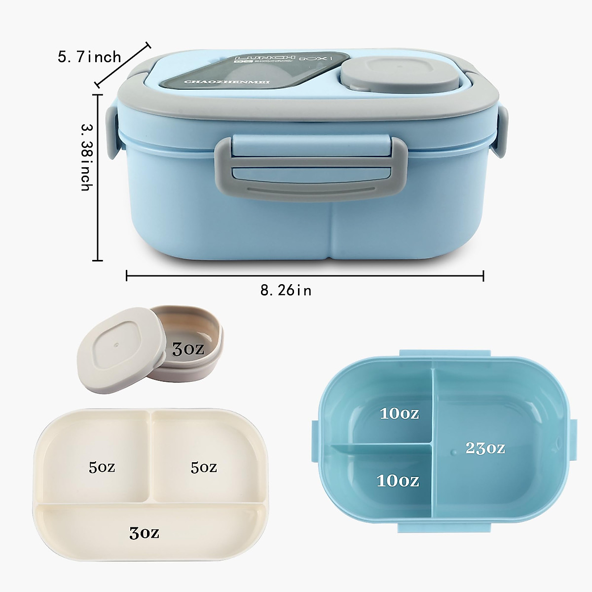 Tinaforld Adults Bento Lunch Box,Salad Container Large 43oz Salad Bowl, Bento-Style Tray for Toppings, 3oz Sauce Container for Dressings, and Built-In Reusable Fork (Blue)