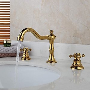 Bathroom Kitchen Basin Mixer Tap Sink Faucet 2 Handles 3Pcs Gold Bathroom Basin Faucet Bathtub Tap-Golden Plated ，Faucet