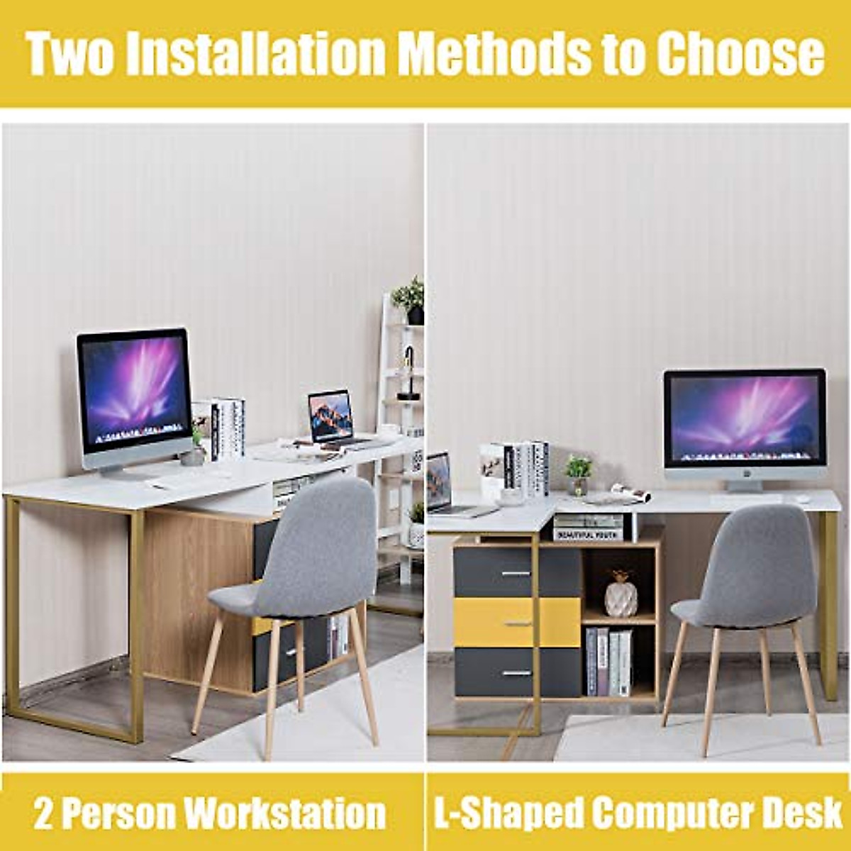 Tangkula 87 inch 2-Person Desk with 3 Storage Drawers & Shelves, Large Computer Desk, Multifunctional L-Shaped Desk Writing Desk Computer Workstation with Spacious Desktop, Home Office Desk