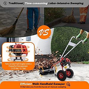 Outdoor Walk Behind Sweeping Gas Power Broom, 1.7HP 43CC Powerful Device with 2-Stroke Petrol Engine for Clean Driveways and Sidewalks, Parks and Other Flat Surfaces,Air-Cooled System