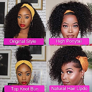 Glueless HeadBand Wig Curly Human Hair Wig None Lace Front Wigs for Black Women Deep Wave Machine Made Wigs Natural Color 180% Density (12inch)