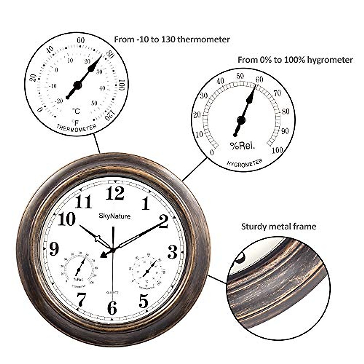 SkyNature Outdoor Clocks, 18 Inch Large Indoor Outdoor Wall Clock Waterproof with Temperature and Humidity, Silent Metal Pool Clock for Garden, Patio, Fence