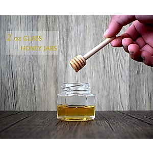 Mini Hexagonal Honey Jars - 2 oz 15 Pack Little Glass Honey Jar - Glass Honey Jars with Wooden Dippers, Bee Charms, Jutes and Gold Gift Bags - Honey Jars for Baby Shower, Wedding Party Favors