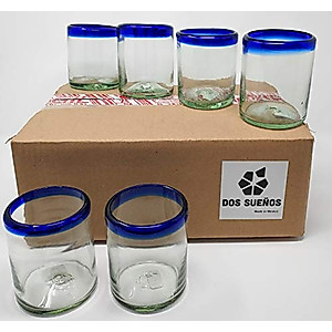 Hand Blown Mexican Drinking Glasses - Set of 6 Tumbler Glasses with Cobalt Blue Rims (10 oz each)