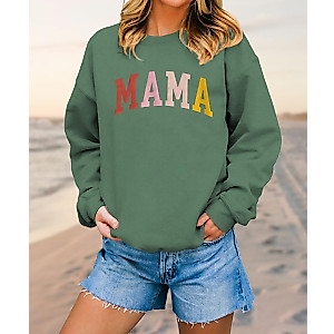 KEKEMI Mama Sweatshirt For Women Crewneck Mama Letter Print Pullover Tops Long Sleeve Mom Life Shirts Casual MAMA Graphic Top（Green-05,Small