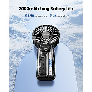 Gaiatop Portable Handheld Fan, 180° Foldable Desk Fan 3 Speed Personal Mini Hand Fan, 2000mAh Powerful Rechargeable Small Fan with Digital Display, USB Personal Fan for Office Outdoor Makeup-Black