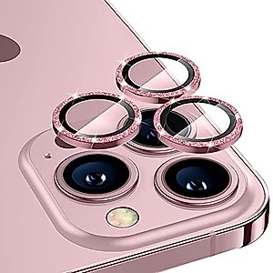 LOVE 3000 Compatible with iPhone 13 Pro/iPhone 13 Pro Max Camera Lens Protector Bling Glitter Diamond HD Tempered Glass Cute Camera Cover Protective Metal Individual Ring for Women Girls - Pink Glitter