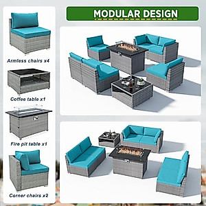 EAGLE PEAK 8 Piece Outdoor Wicker Patio Furniture Set with Fire Table and Coffee Table, PE Rattan Sectional Conversation Sofa Set with Seating for 6 People, Light Blue
