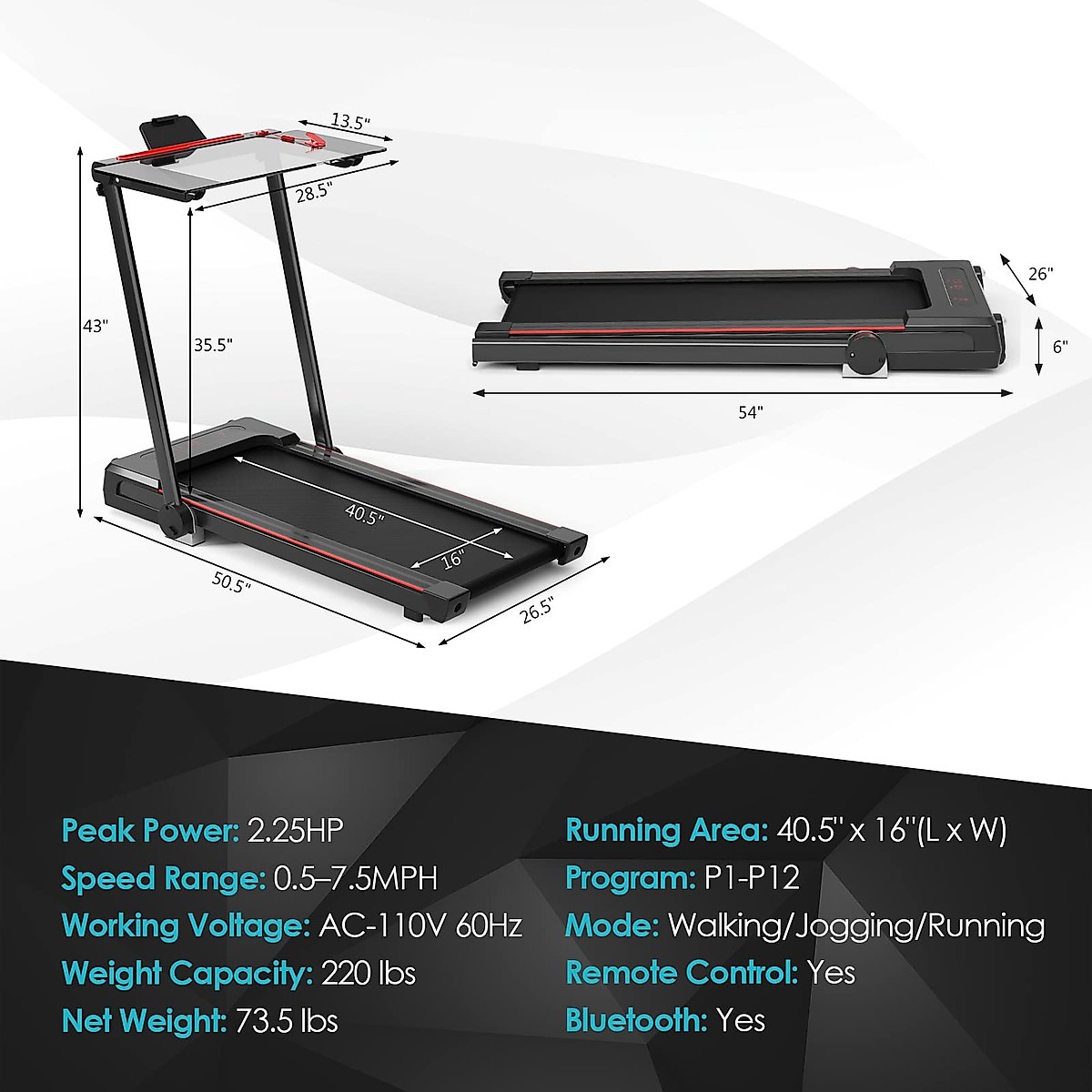 GYMAX Treadmill with Desk, 3 in 1 Under Desk Treadmill Walking Pad with Removable Desktop, LED Monitor, 12 Preset Programs, Built-in Speaker & Remote, Foldable Treadmill for Office Home Gym (Black)