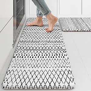 KIMODE Kitchen Mats 2PCS,Cushioned Anti Fatigue Kitchen Rugs and Mats,Non Skid Waterproof Kitchen Mats for Floor,Comfort Foam Standing Mat for Home, Office,Sink,Laundry,Desk,Black and White