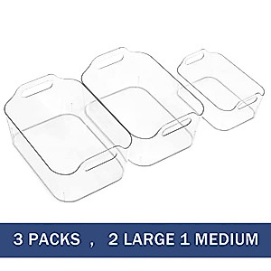 Clear Storage Bins for Organizing,3 Pack Large Size Kitchen Plastic Bin,Multi-Use Organizer Bins for Pantry/Home/Bathroom/refrigerator/Cabinet,The SOHO Collection with handles Stackable container