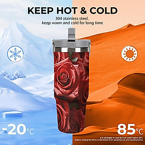 Many Red Roses Tumbler 30oz Large Capacity Car Cup with Handle Fit in Any Car Cup Holder Stainless Steel Leakproof Insulated Coffee Tumblers with Lid And Straw
