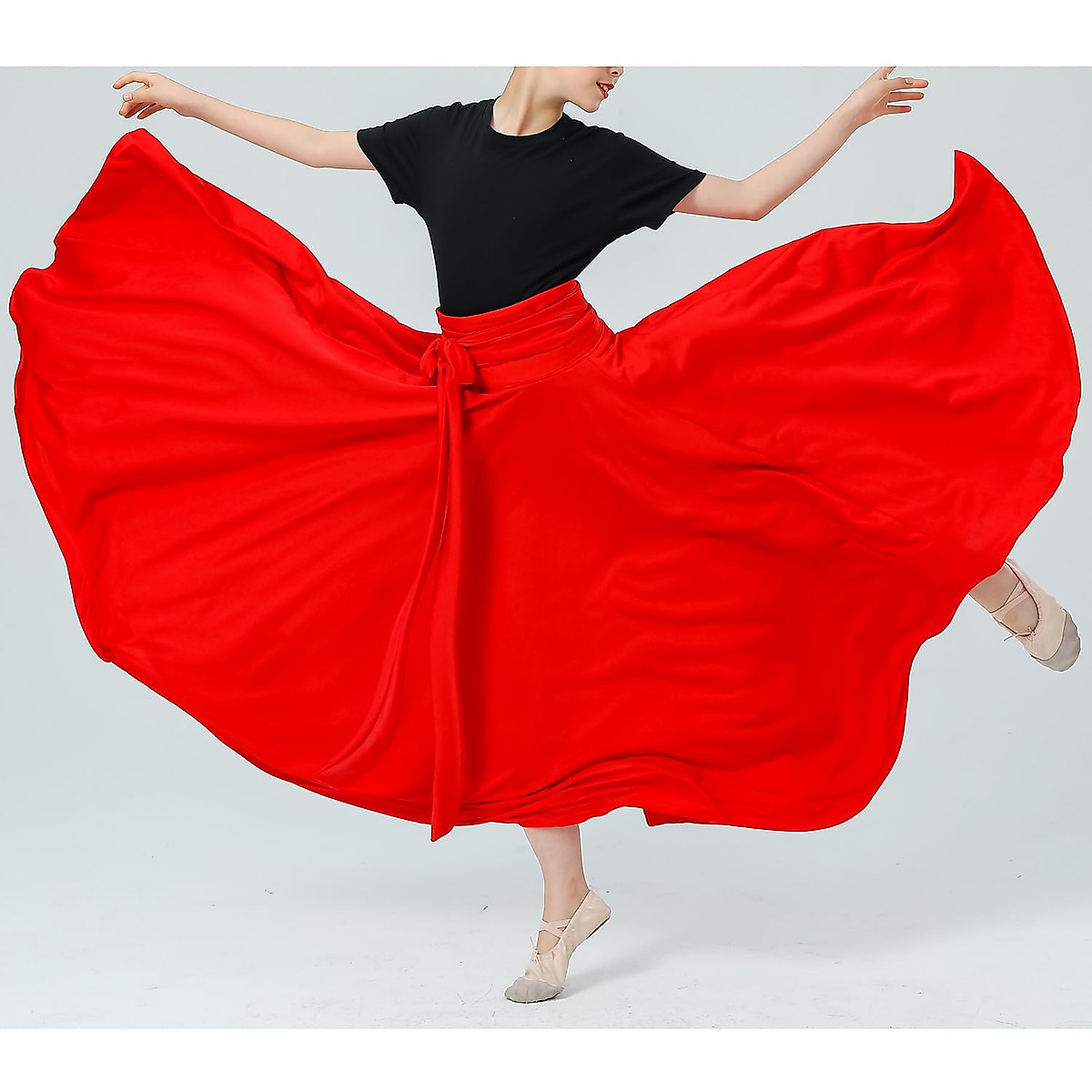 Girls Full Circle Skirt for Spanish Flamenco Dance Gypsy Mexico Performance Dancewear Red