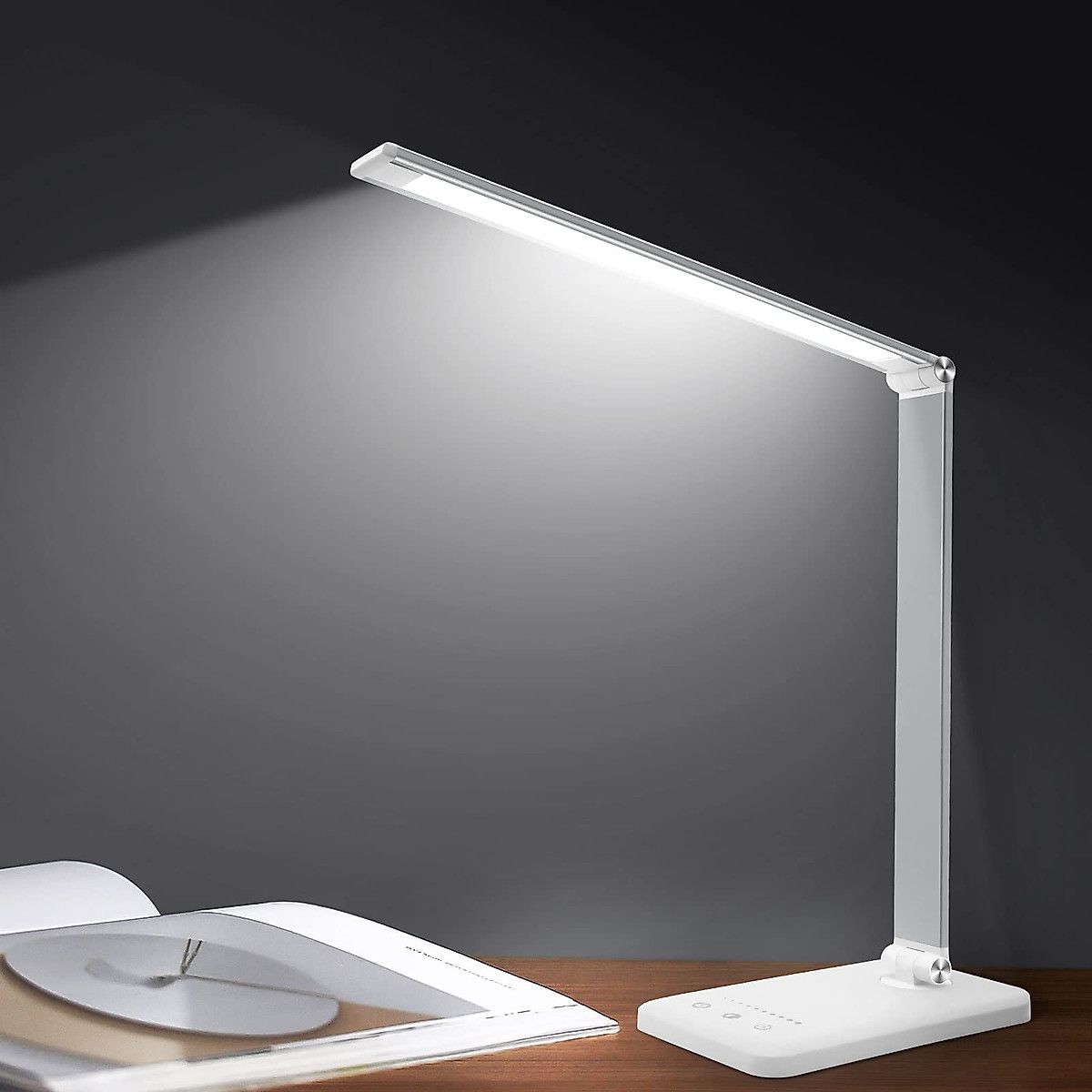 LED Desk Lamp with USB Port, Desk Light with 10 Brightness 5 Color Temperature, Soft Table Lamp for Reading, Office and Home, Touch Control, 30/60 Timer Off, No Glaring